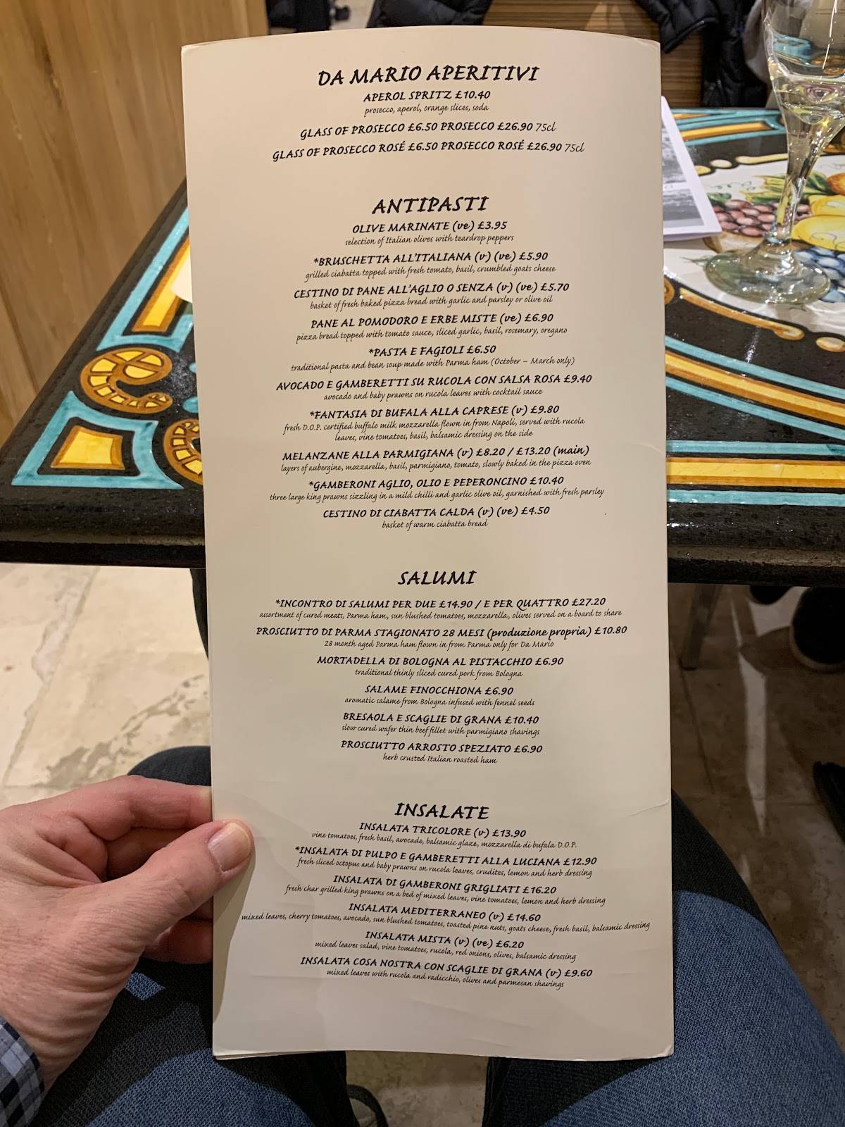 Menu at Da Mario Kensington restaurant, London, 15 Gloucester Rd