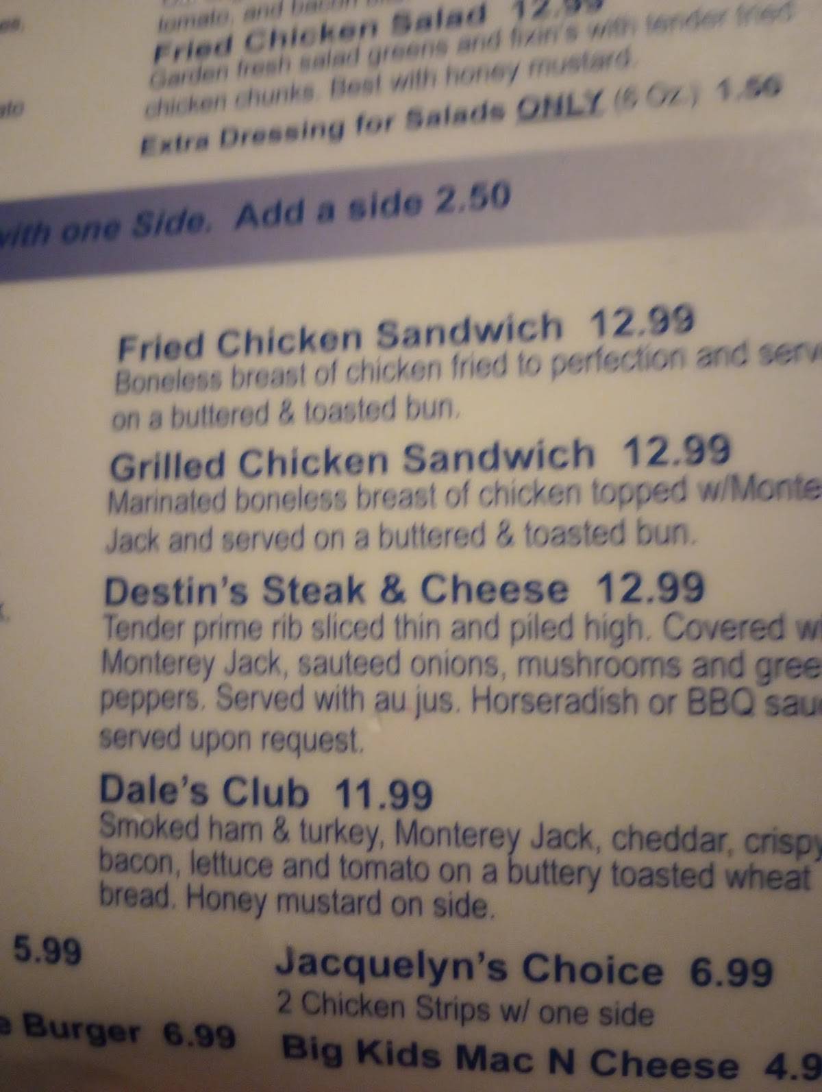 Menu at Dale's restaurant, Southaven