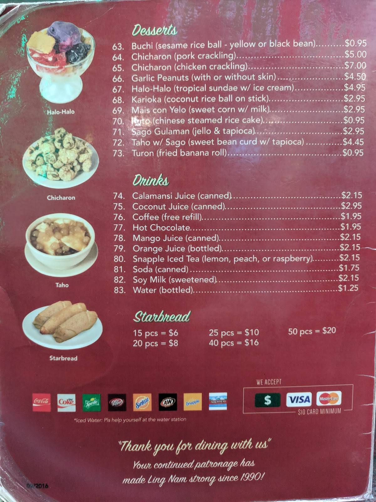 Menu at Ling Nam Starbread restaurant, Daly City