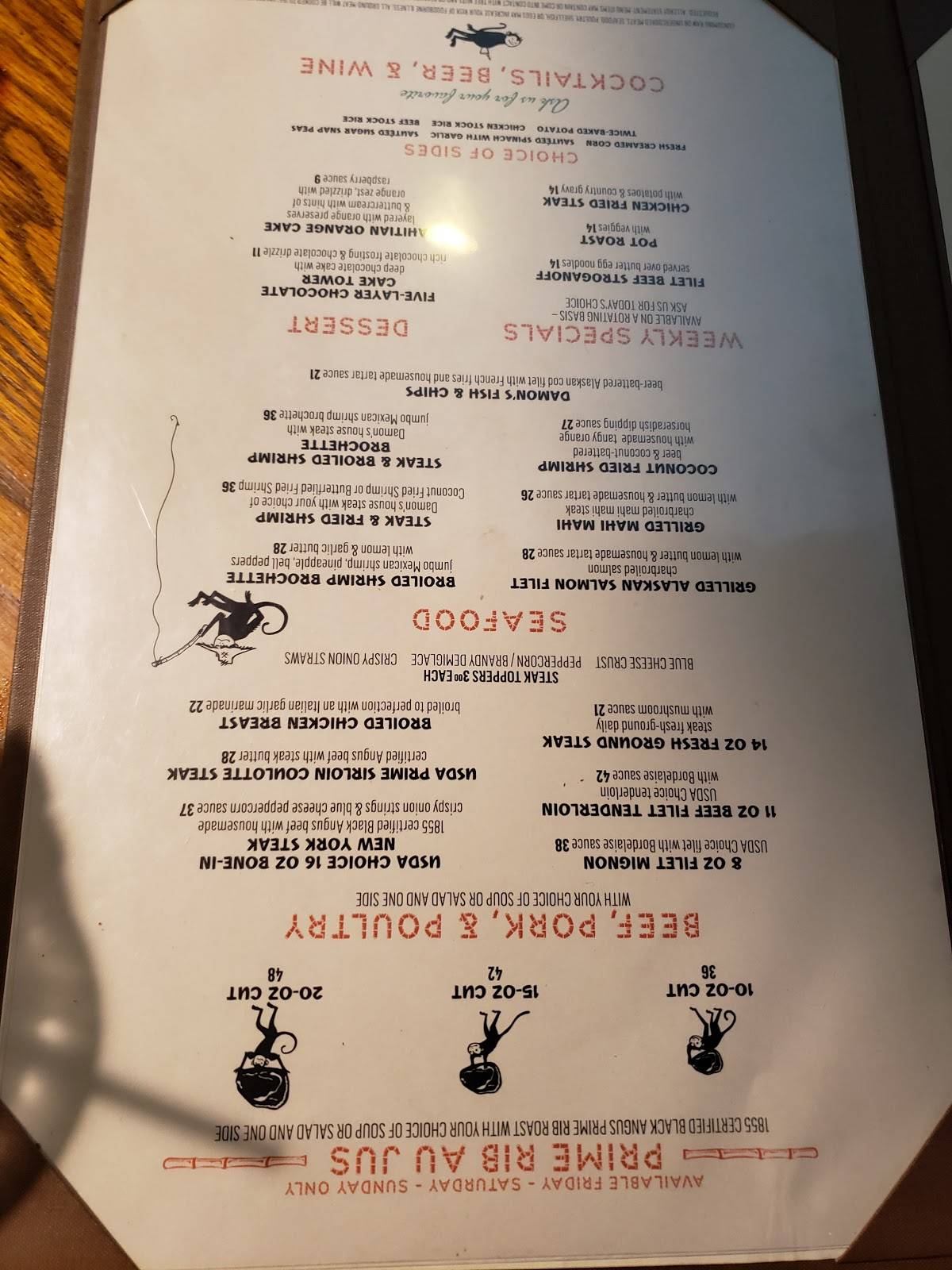 Menu at Damon's Steak House pub & bar, Glendale