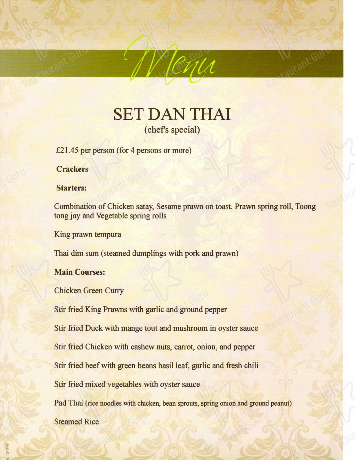 Menu at Dan Thai restaurant, Purley, 17 Purley Rd
