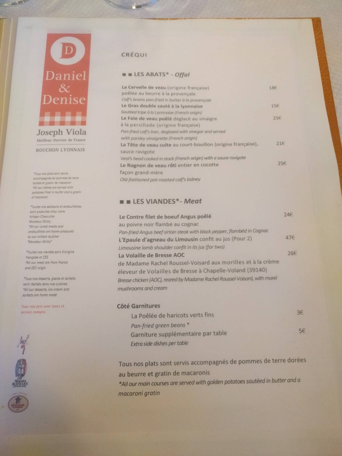 Menu au Daniel et Denise - Créqui restaurant, Lyon