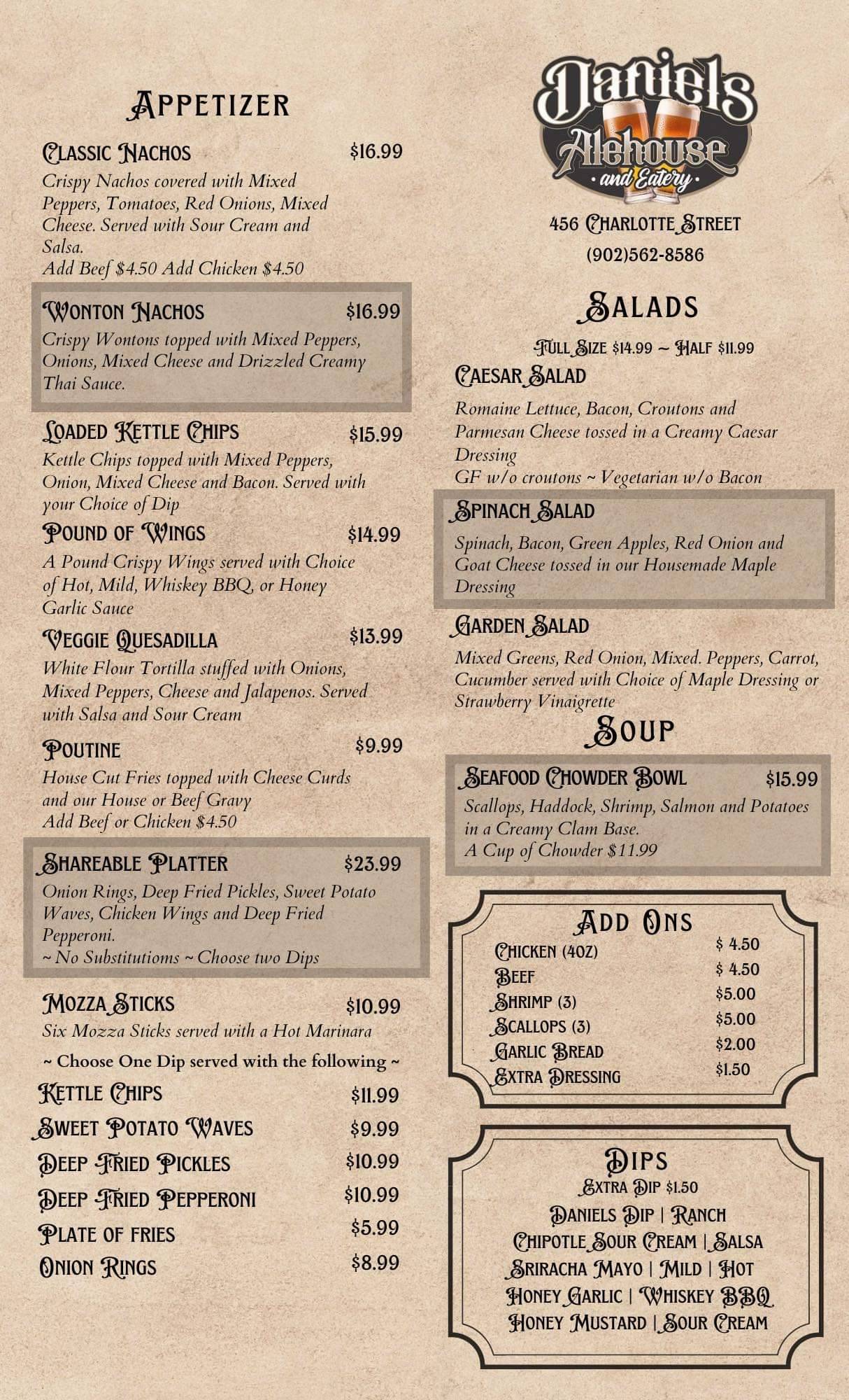 Menu at Daniel’s Alehouse and Eatery pizzeria, Sydney