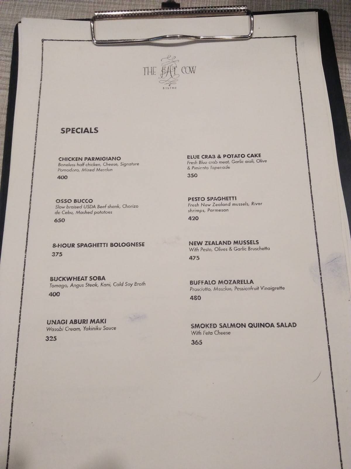 Menu at The Fat Cow restaurant, Davao City