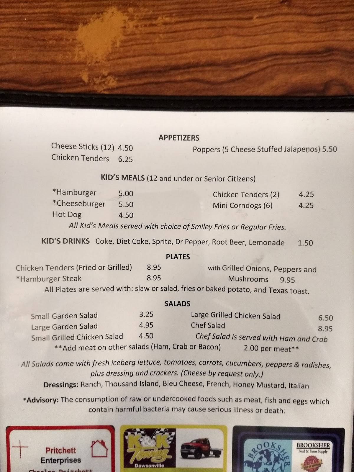 Menu at Dawsonville Pool Room restaurant, Dawsonville