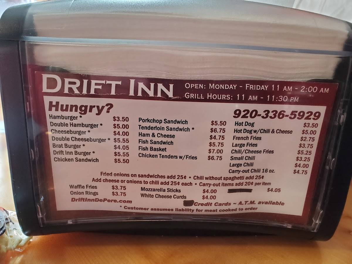 Menu at Drift Inn restaurant, De Pere