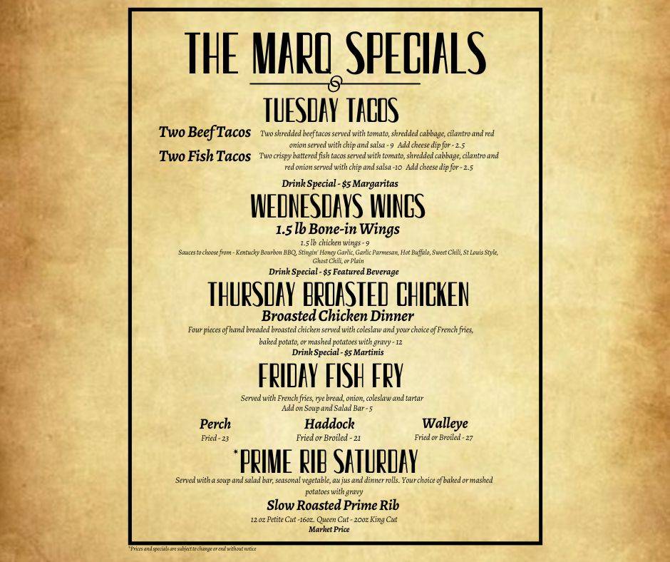 Menu at The Marq Supper Club, Banquet and Catering, De Pere
