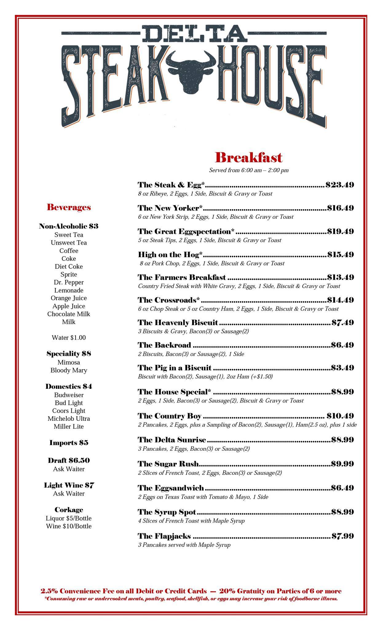Menu at Delta Steakhouse, Senatobia