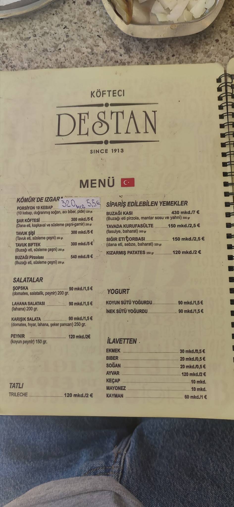 Menu at Destan restaurant, Skopje, Казанџиска