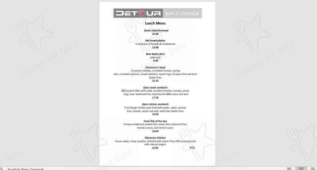 Menu at Detour Bar, Lounge And Restaurant, Whakatane
