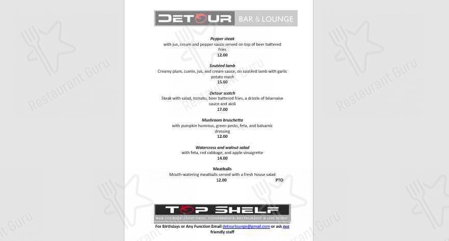 Menu at Detour Bar, Lounge And Restaurant, Whakatane