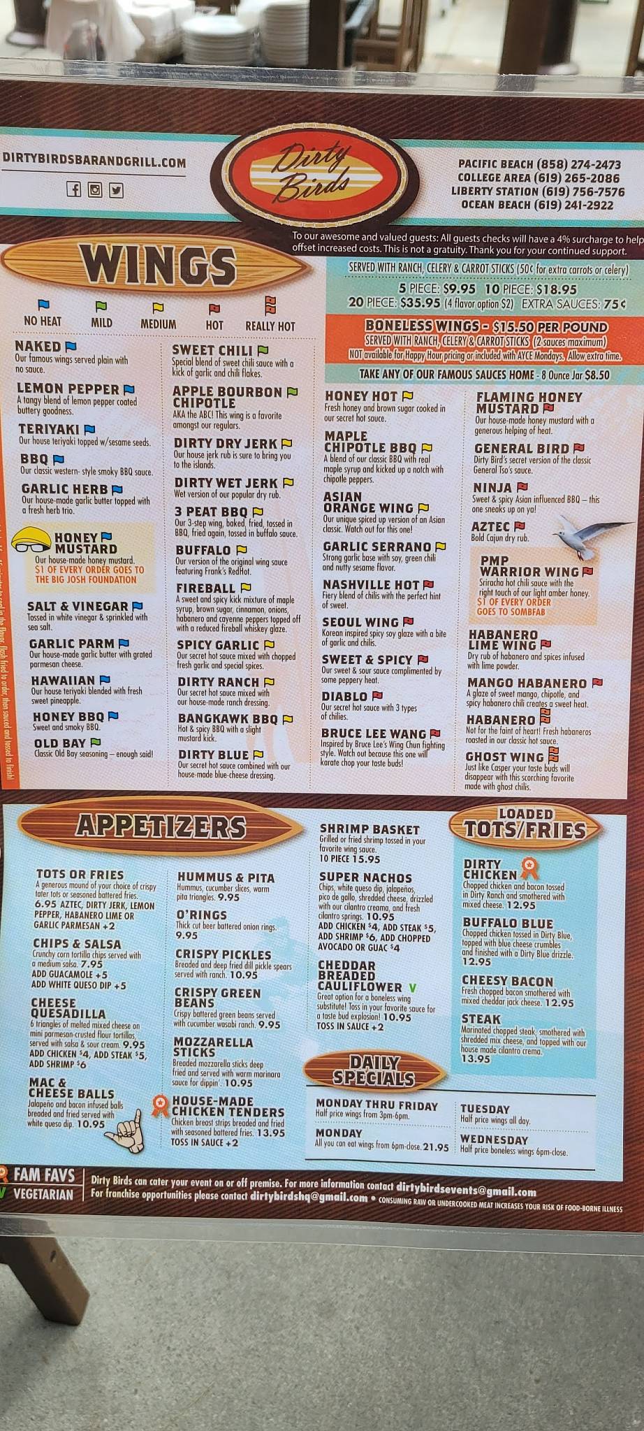 Menu at Dirty Birds Liberty Station pub & bar, San Diego, Truxtun Rd #9