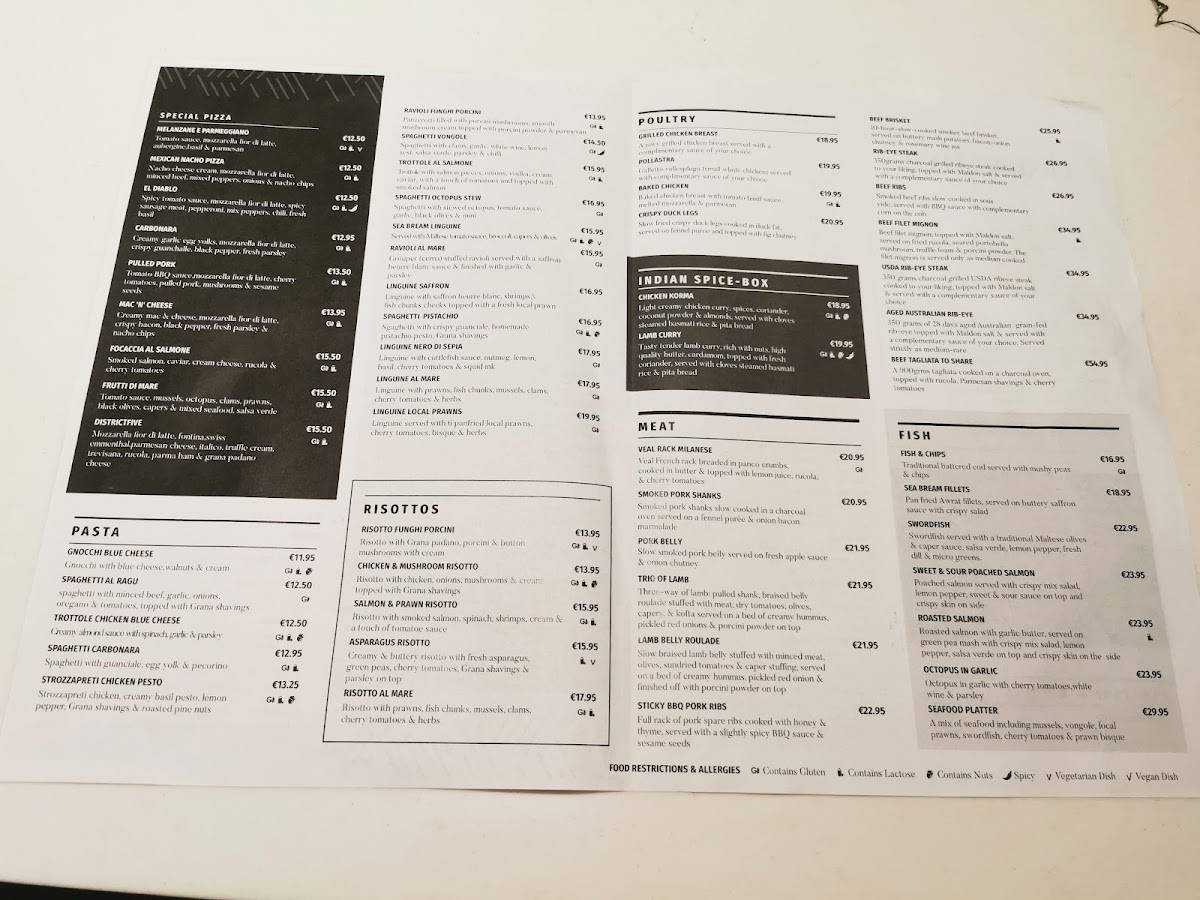 Menu at DistrictFive restaurant, Birżebbuġa