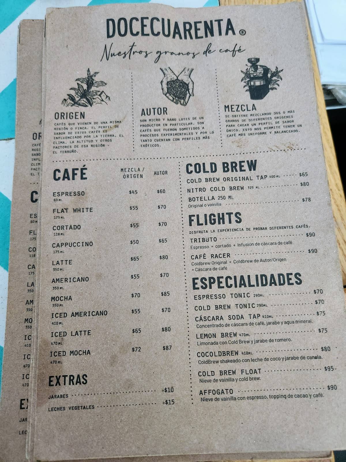 Menu at Doce Cuarenta cafe, Todos Santos