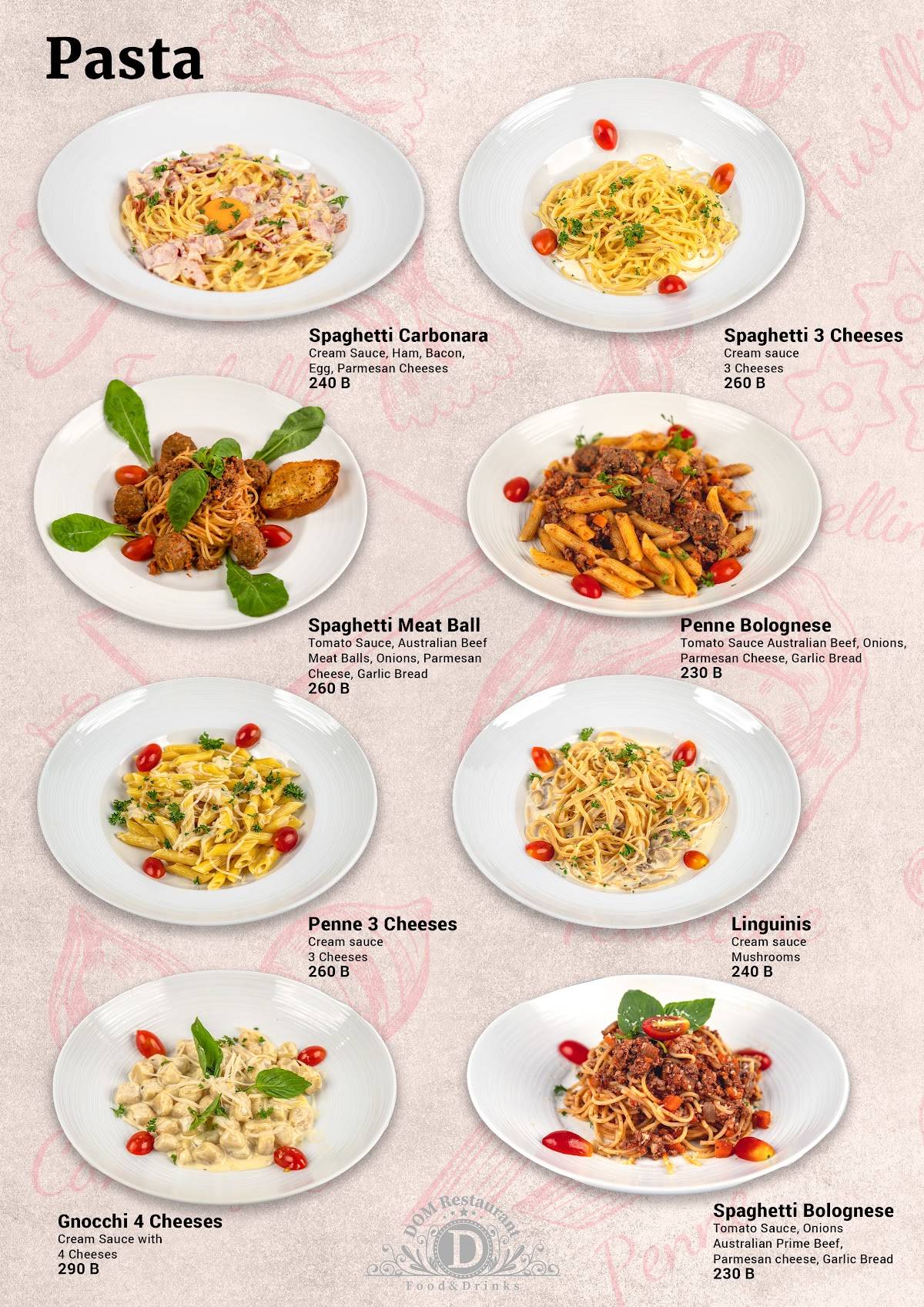 Menu at Dom Pizza restaurant, Pattaya City