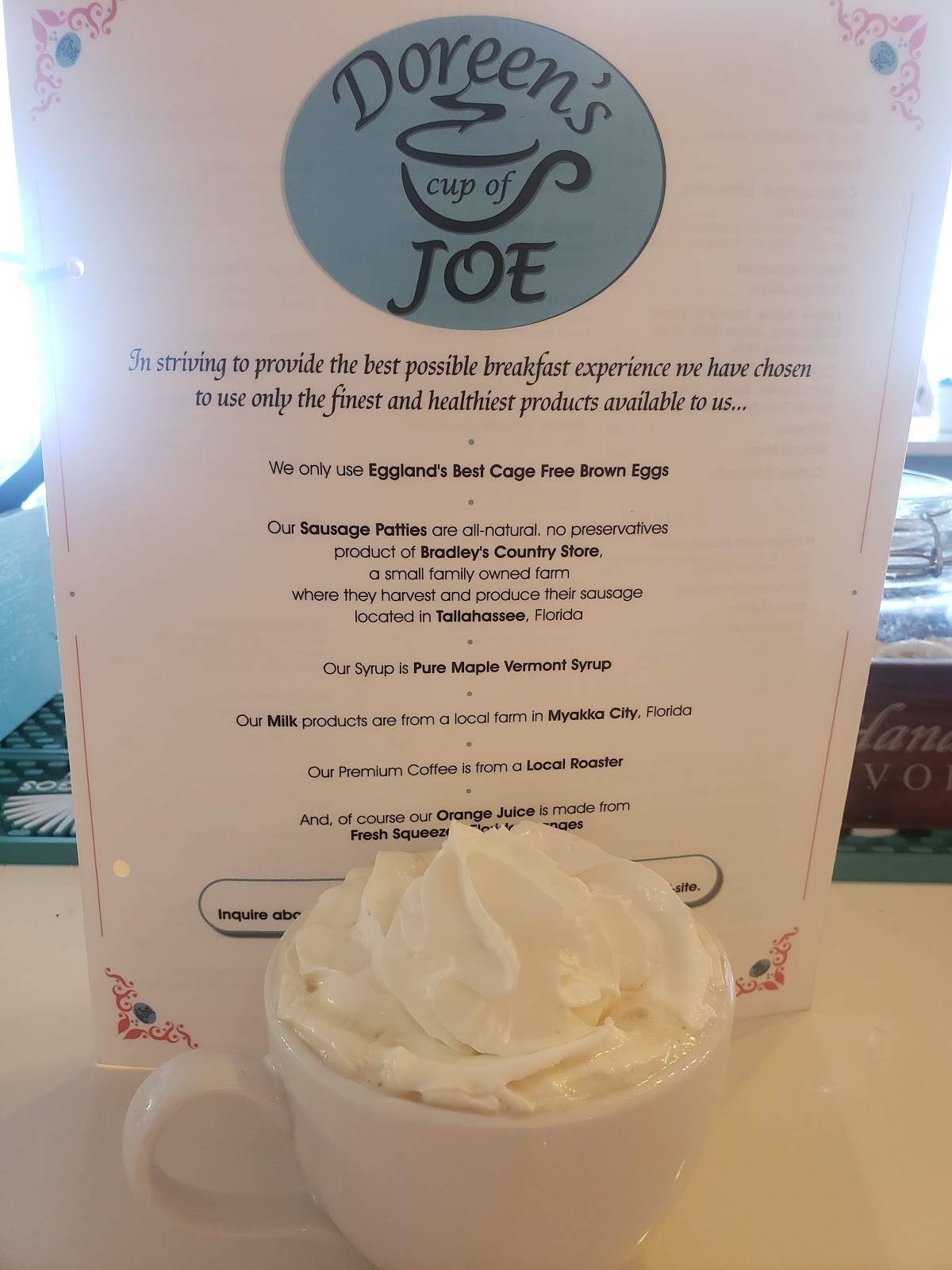 Menu at Doreen's Cup of Joe restaurant, Marco Island