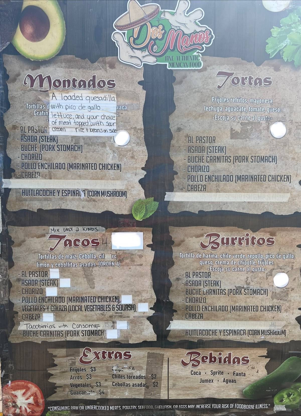 Menu at Dos Manos Mexican Food Truck restaurant, Boulder