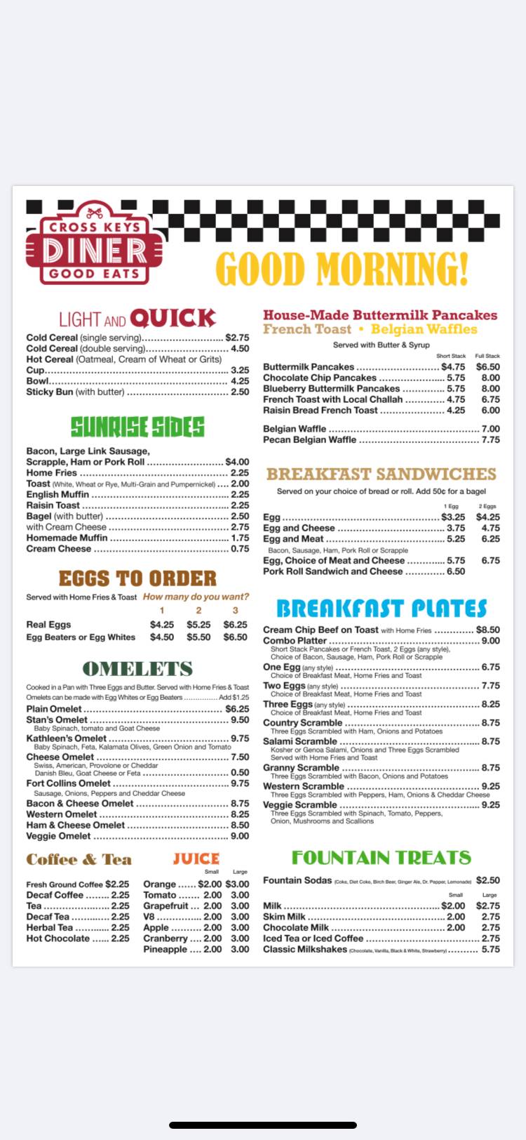 Menu at Cross Keys Diner restaurant, Doylestown