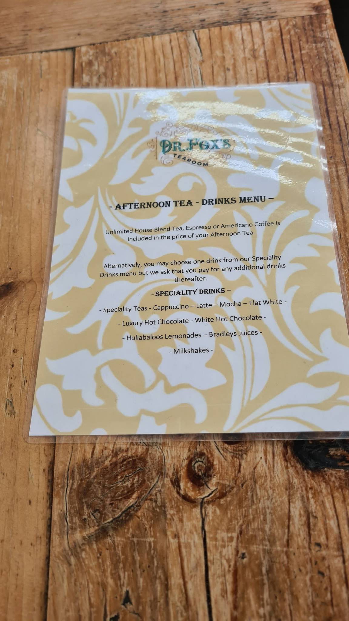 Menu at Dr Fox's Tearoom cafe, Weston-super-Mare