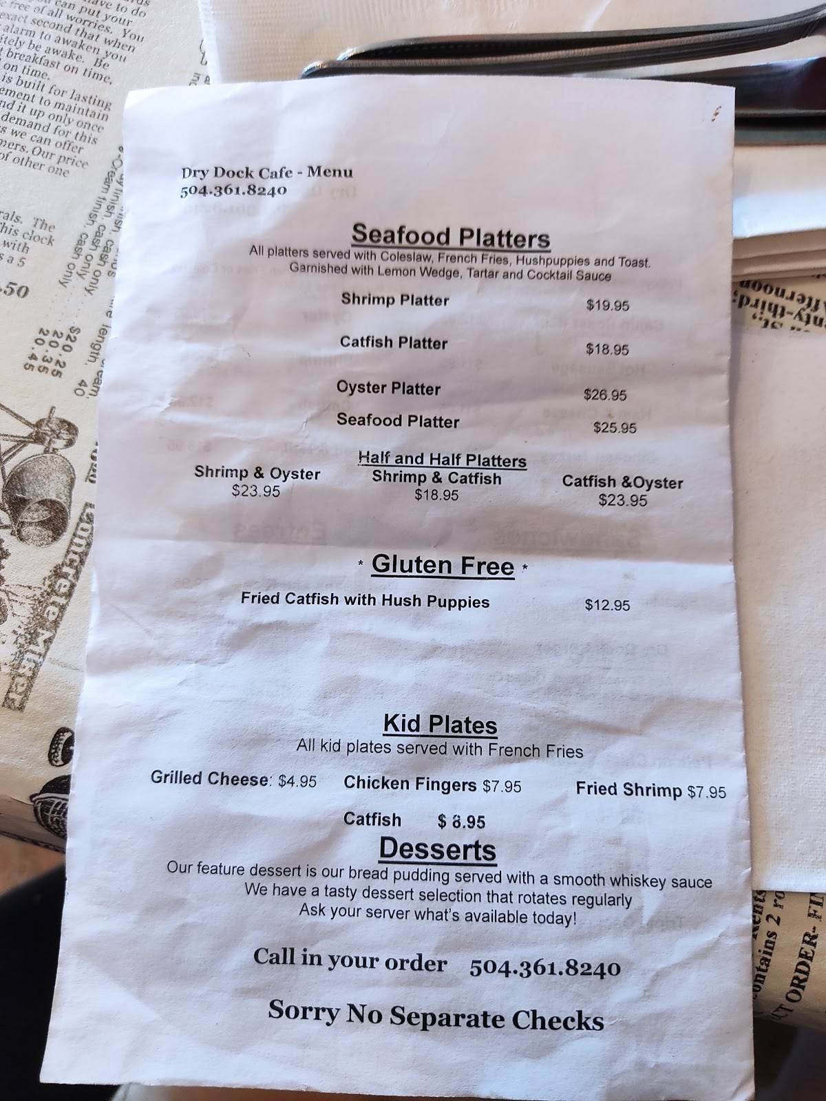Menu at Dry Dock Café pub & bar, New Orleans