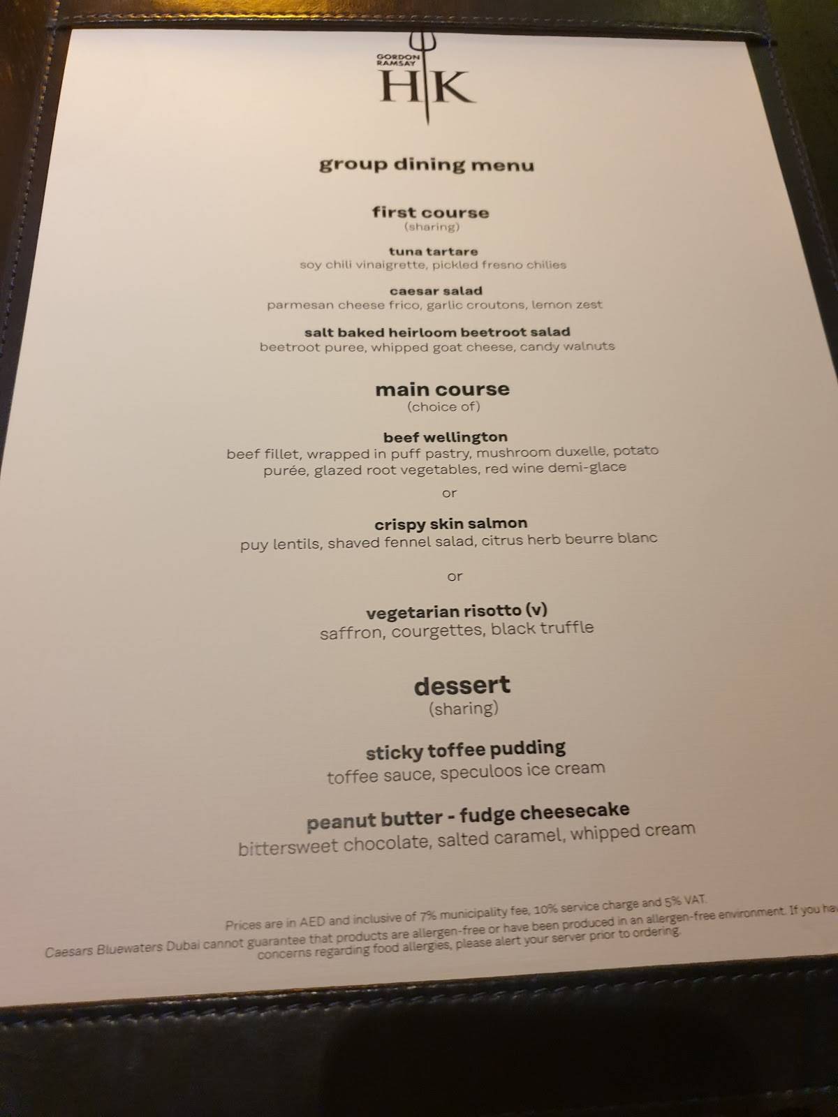 Menu at Gordon Ramsay Hell's Kitchen Dubai restaurant, Dubai