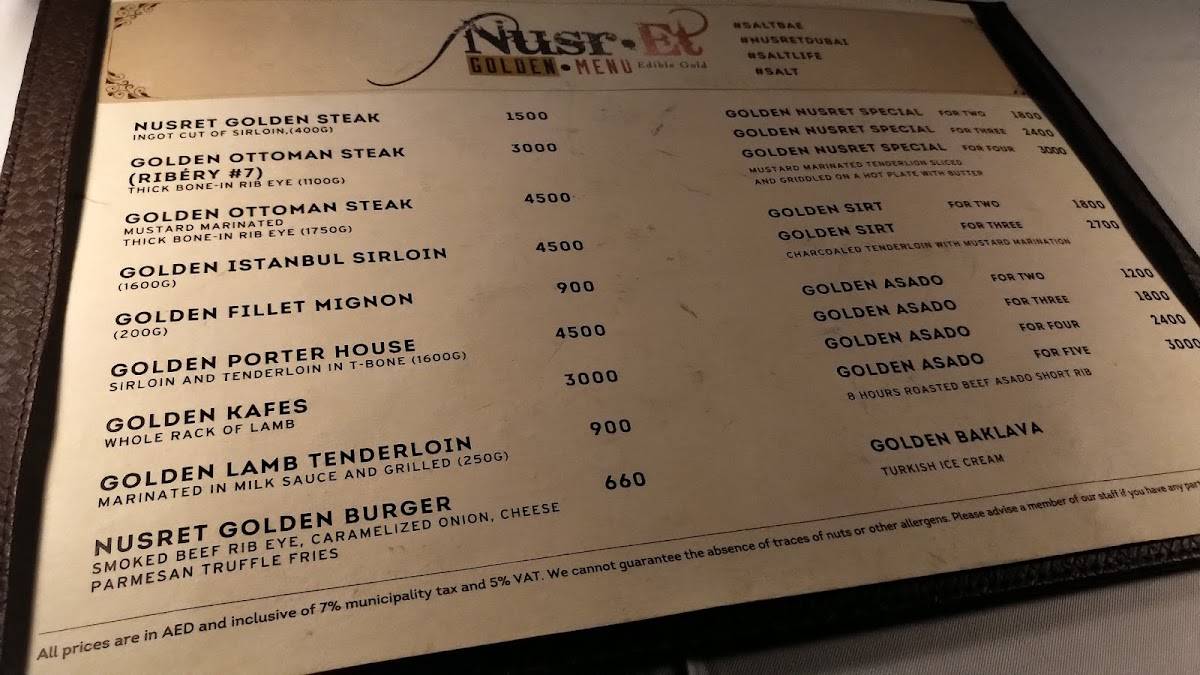 Menu at Nusr-Et Steakhouse Dubai, Dubai, Restaurant Village Four ...