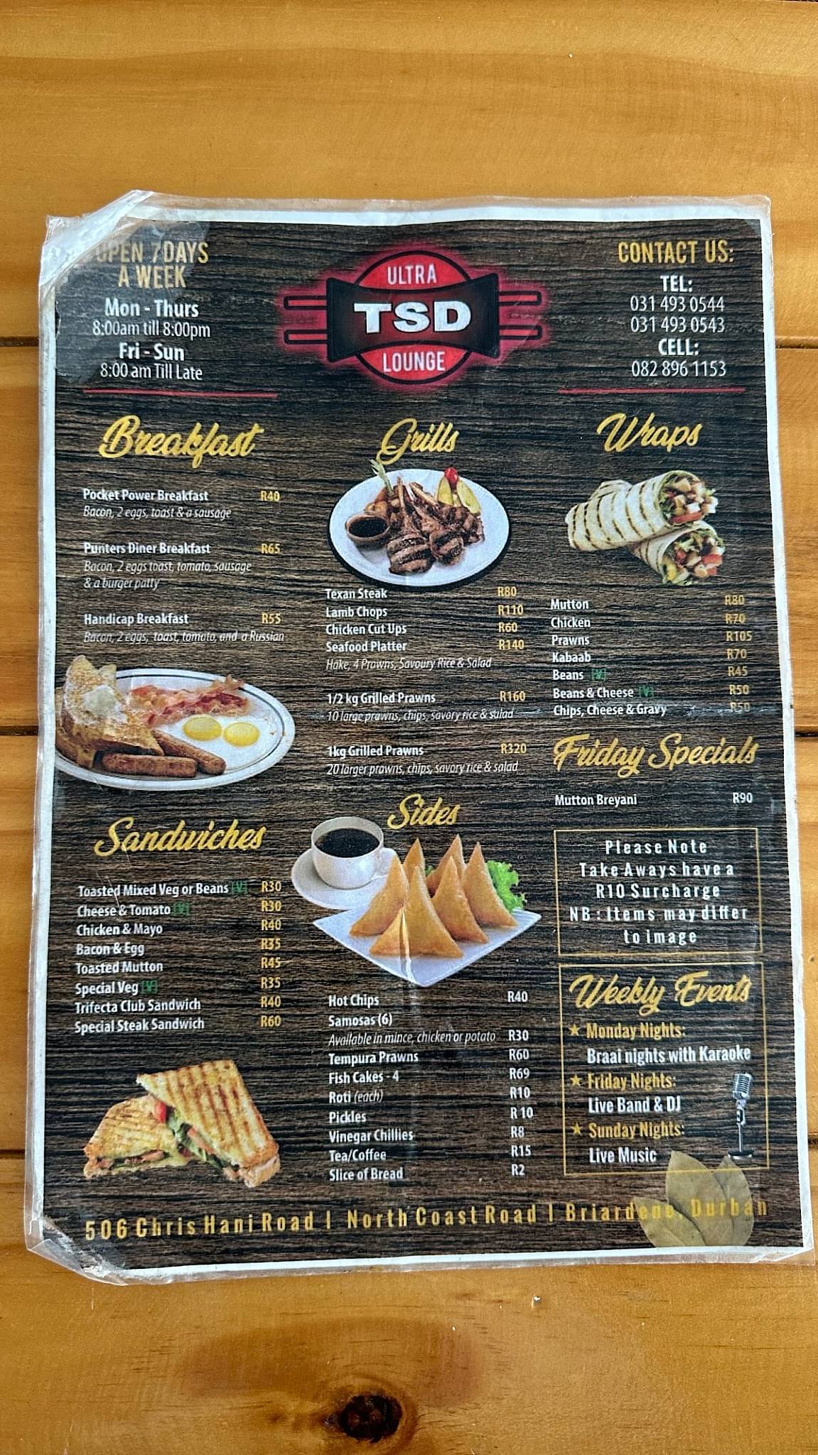 Menu at TSD Ultra LOUNGE restaurant, Durban North