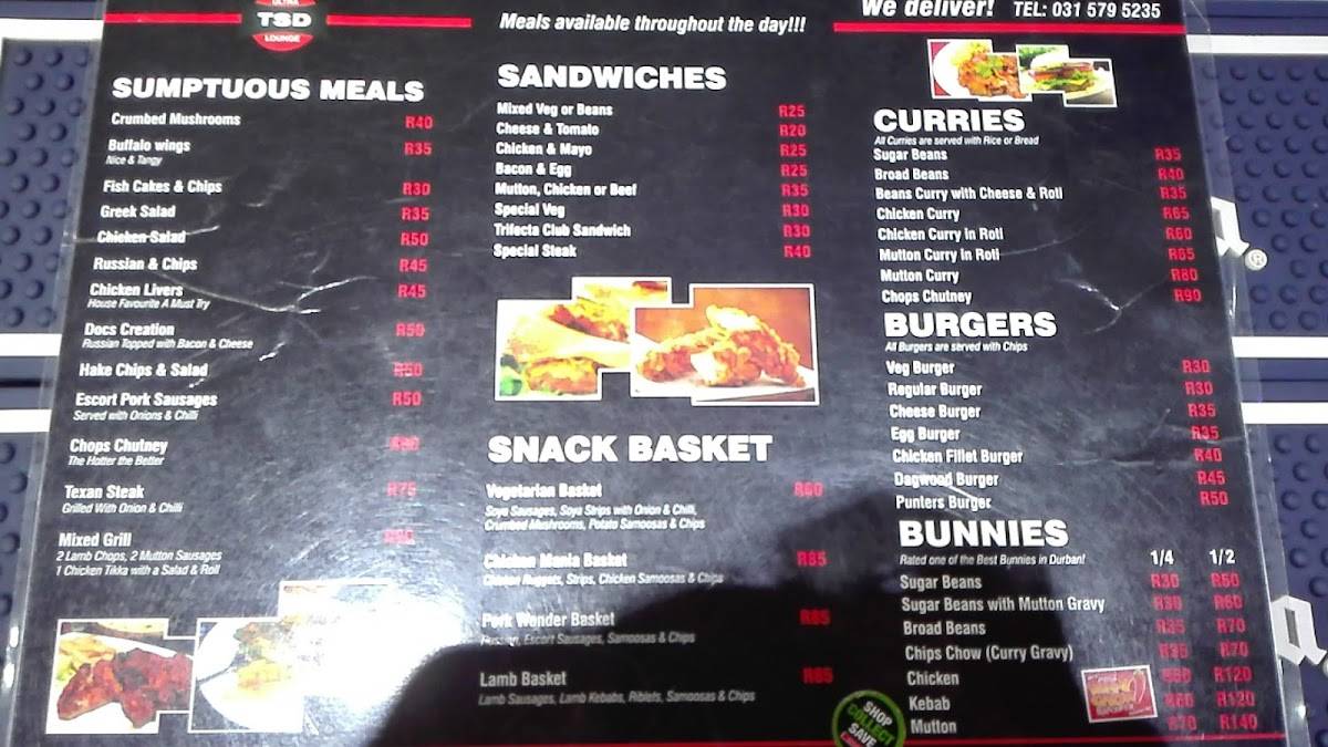 Menu at TSD Ultra LOUNGE restaurant, Durban North