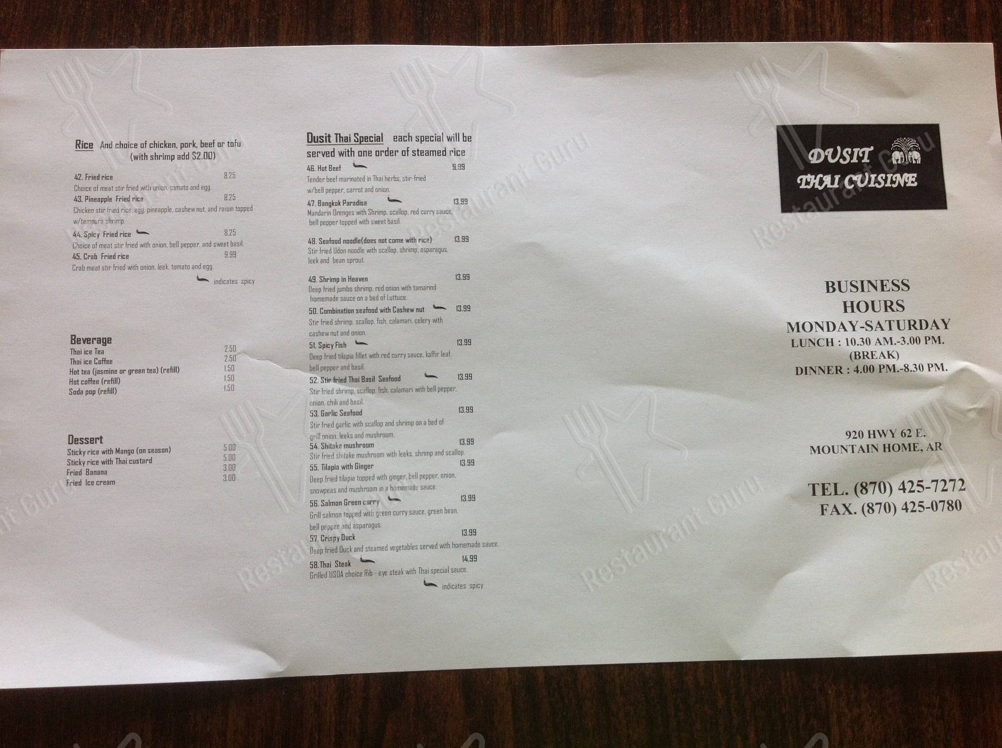 Menu at Dusit Thai Cuisine restaurant, Mountain Home