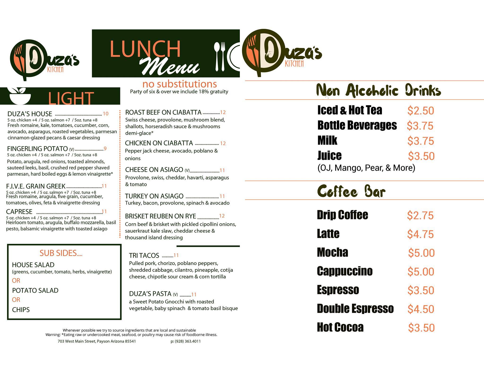 Menu at Duza's Kitchen restaurant, Payson, 703 W Main St