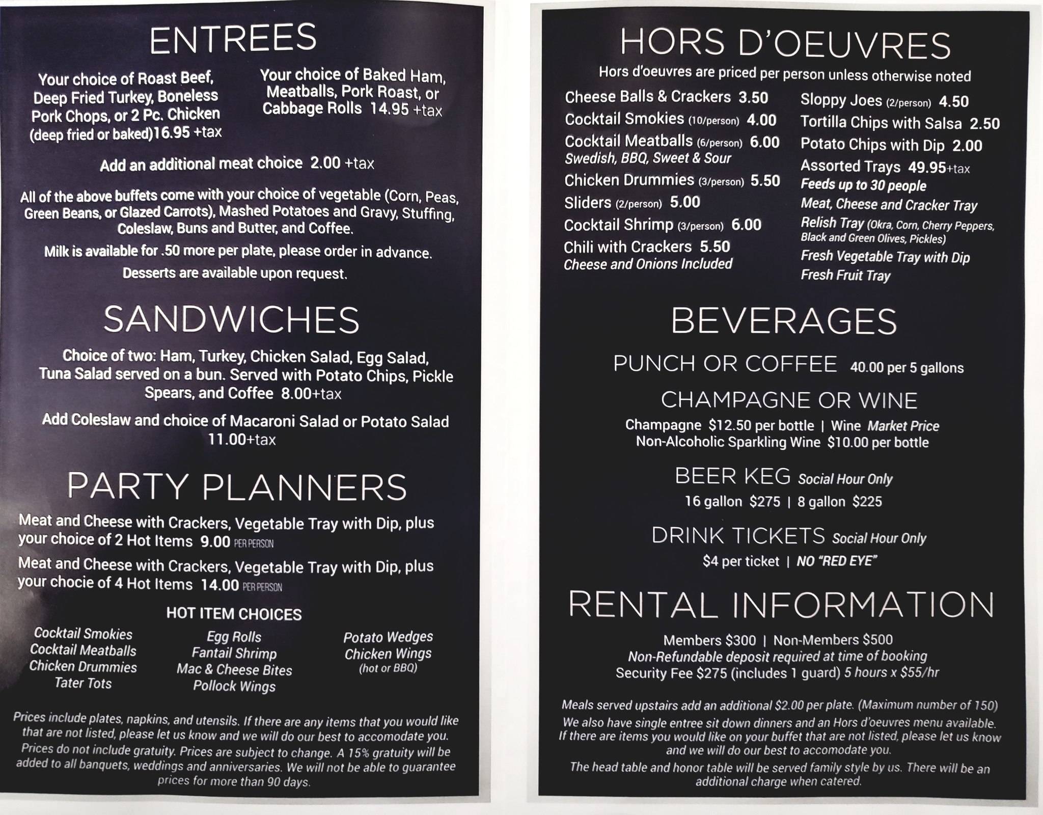 Menu at Eagles Club, Dickinson