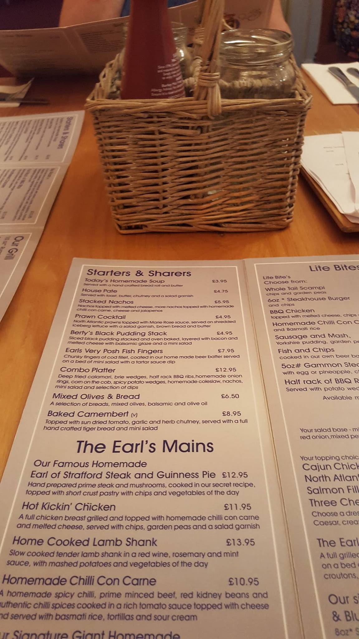 Menu at Earl of Strafford restaurant, Rotherham