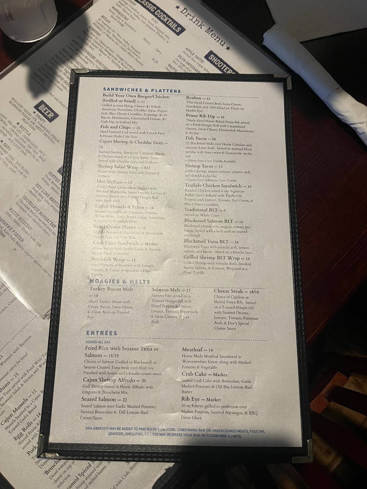 Menu at Doc's Downtown Grille restaurant, Easton