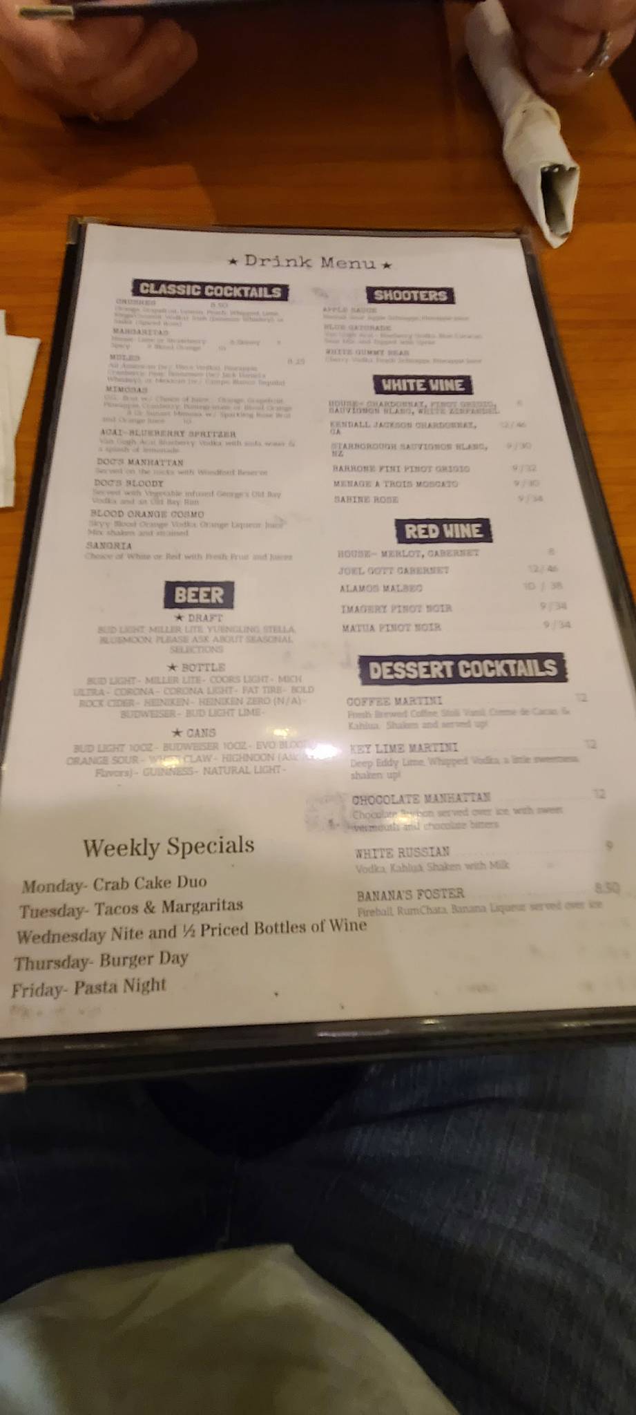 Menu at Doc's Downtown Grille restaurant, Easton