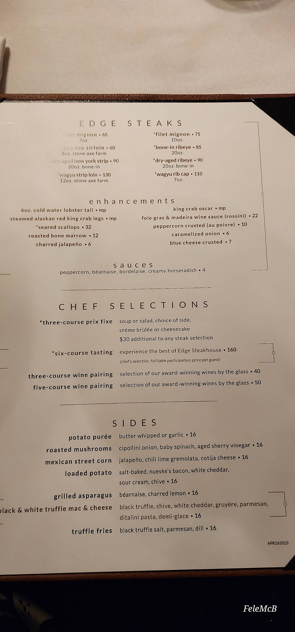 Menu at Edge Steakhouse, Las Vegas