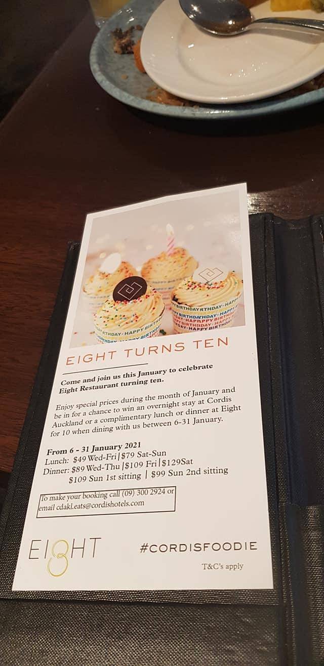 Menu at Eight at Cordis, Auckland restaurant, Auckland