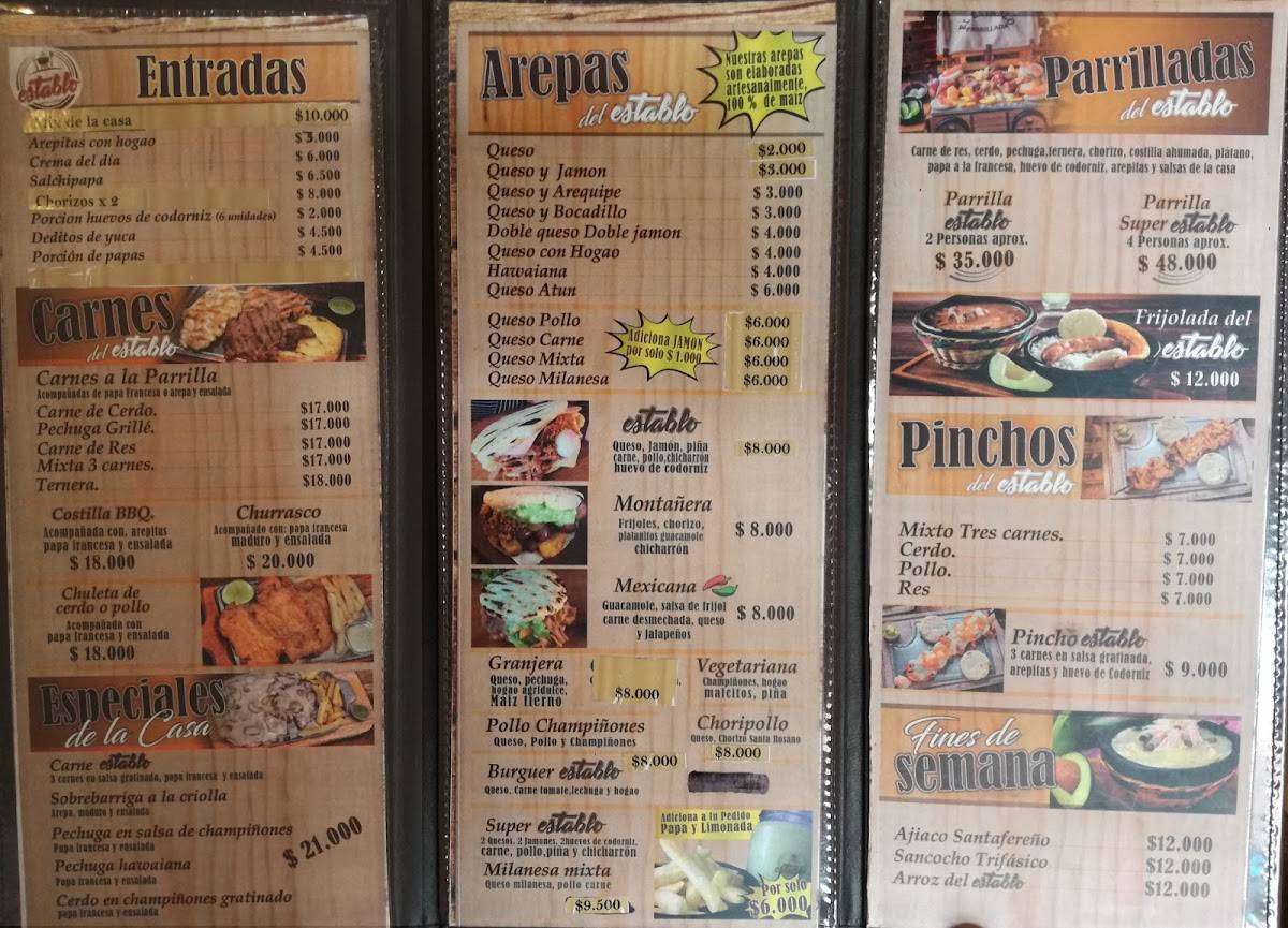Carta del restaurante El Establo, Pasto, No. 10 Carrera 26 20