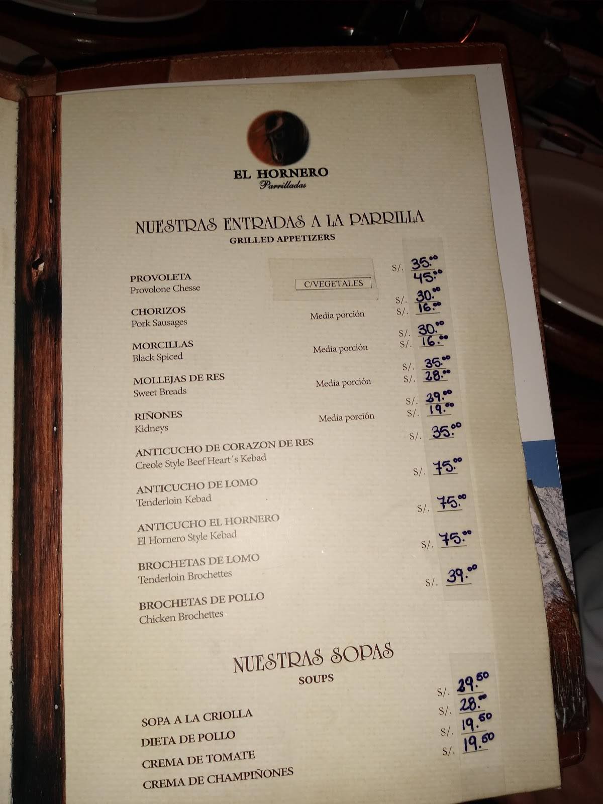 Carta del restaurante El Hornero Chorrillos, Miraflores