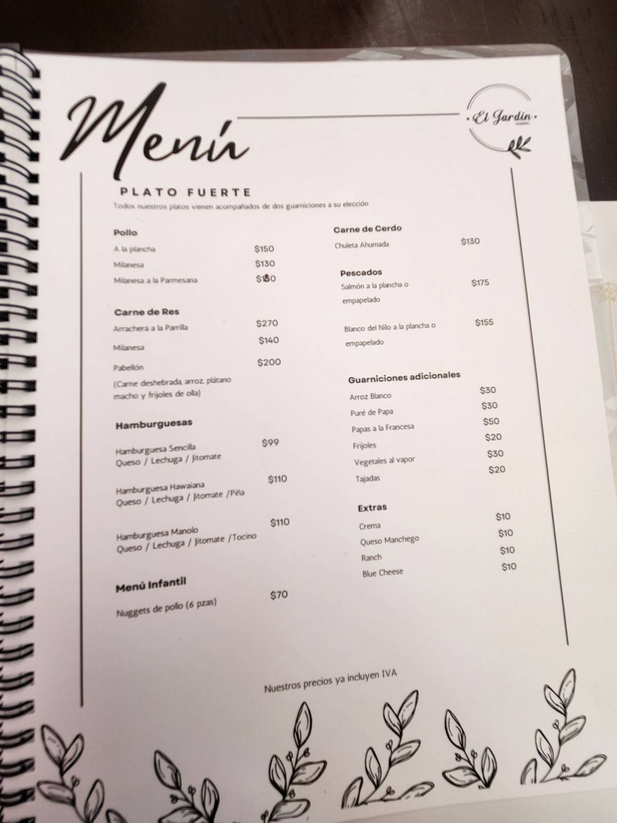Carta del restaurante El Jardín, Lerma del Villada, Av Miguel Hidalgo 82