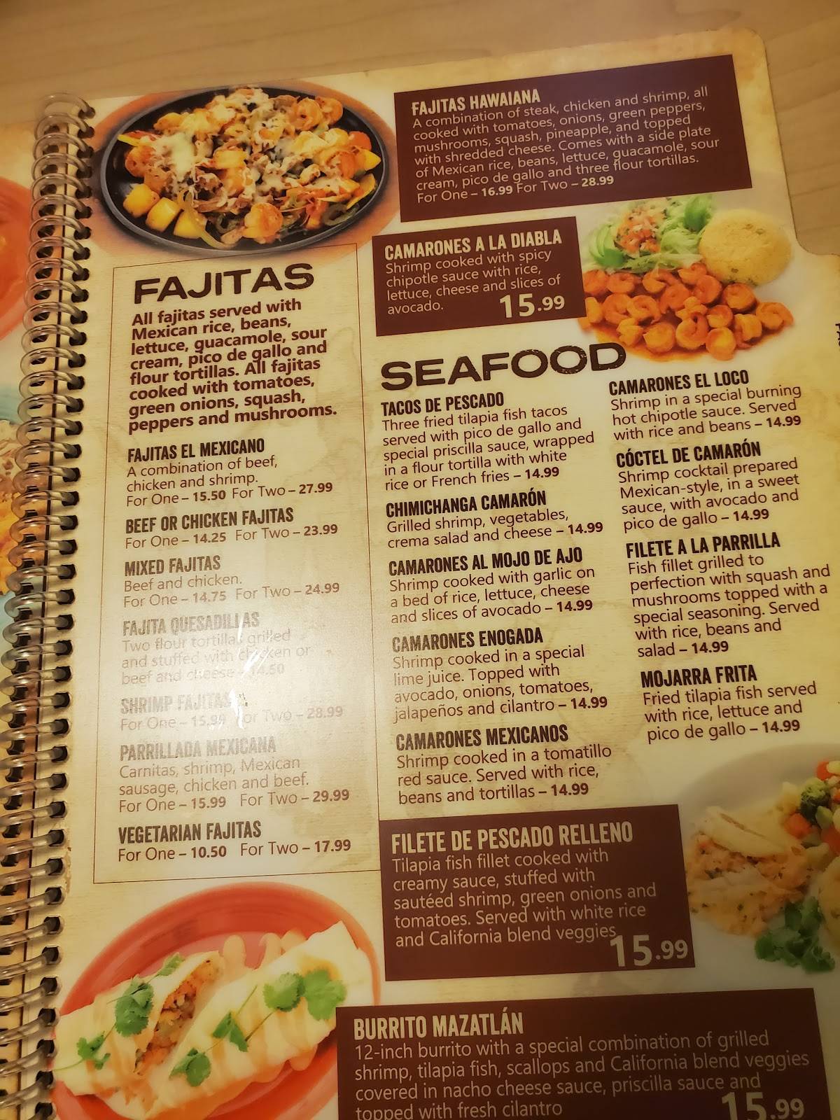 Menu at El Mexicano restaurant, Clover