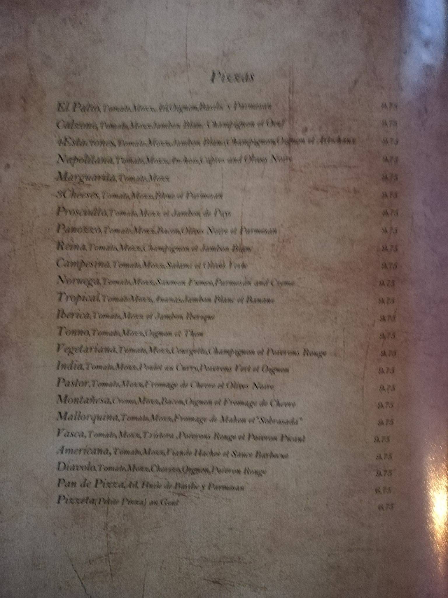 Carta del restaurante El Patio, Alcocéber