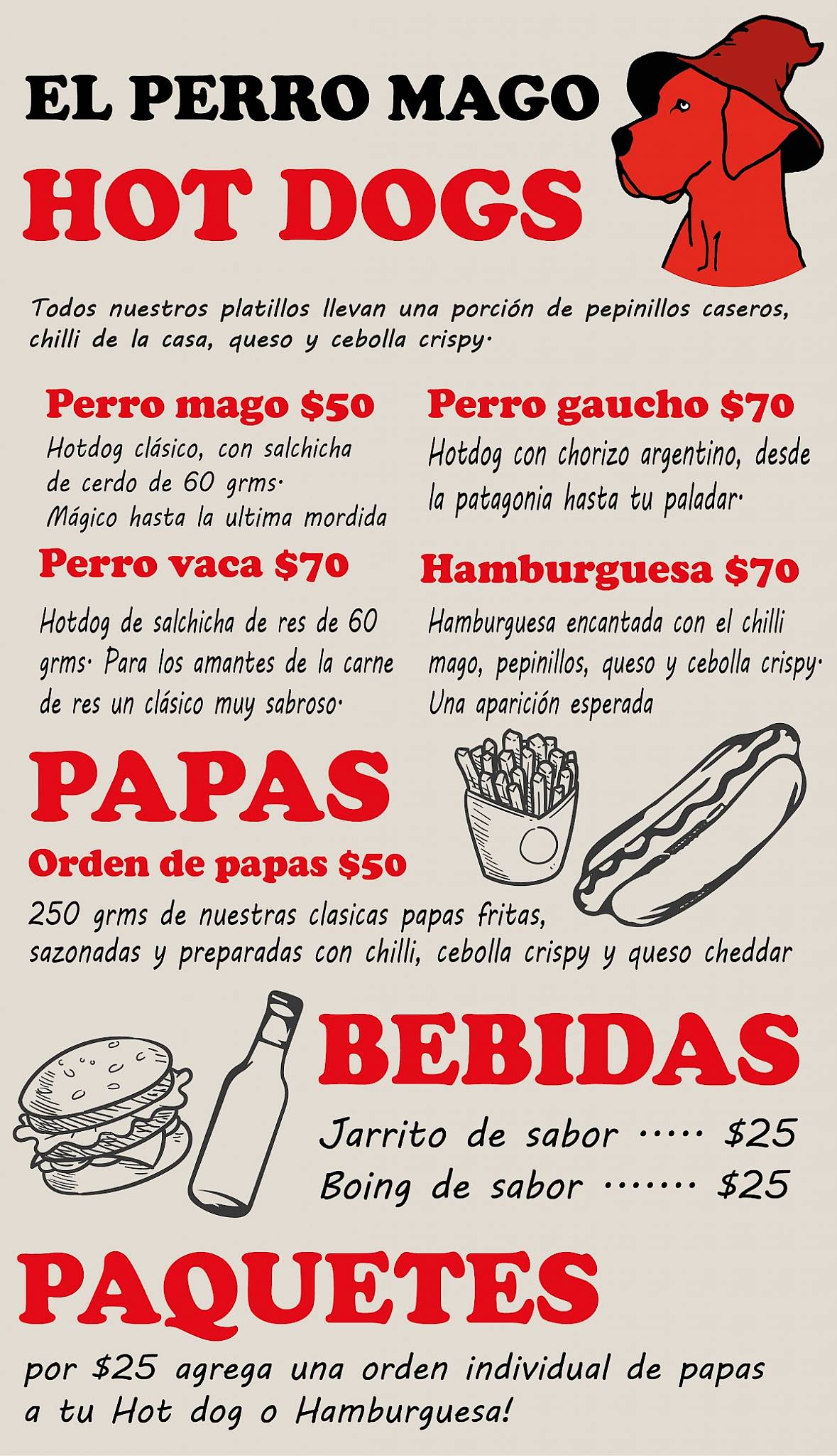Menu at El Perro Mago Hot Dogs restaurant, Puebla City