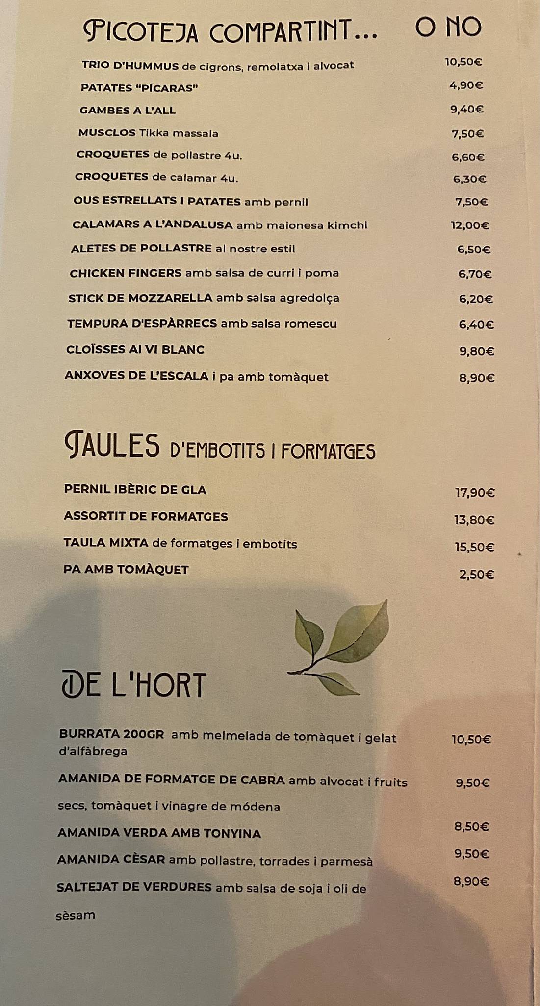 Carta Del Restaurante El Pícaro San Felíu Del Guixols