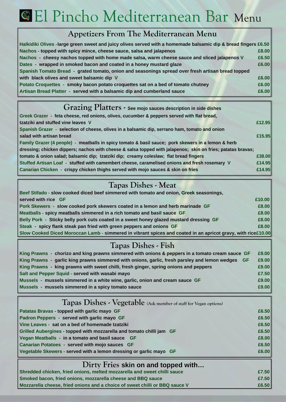 Menu at El Pincho - Mediterranean Bar, Durham