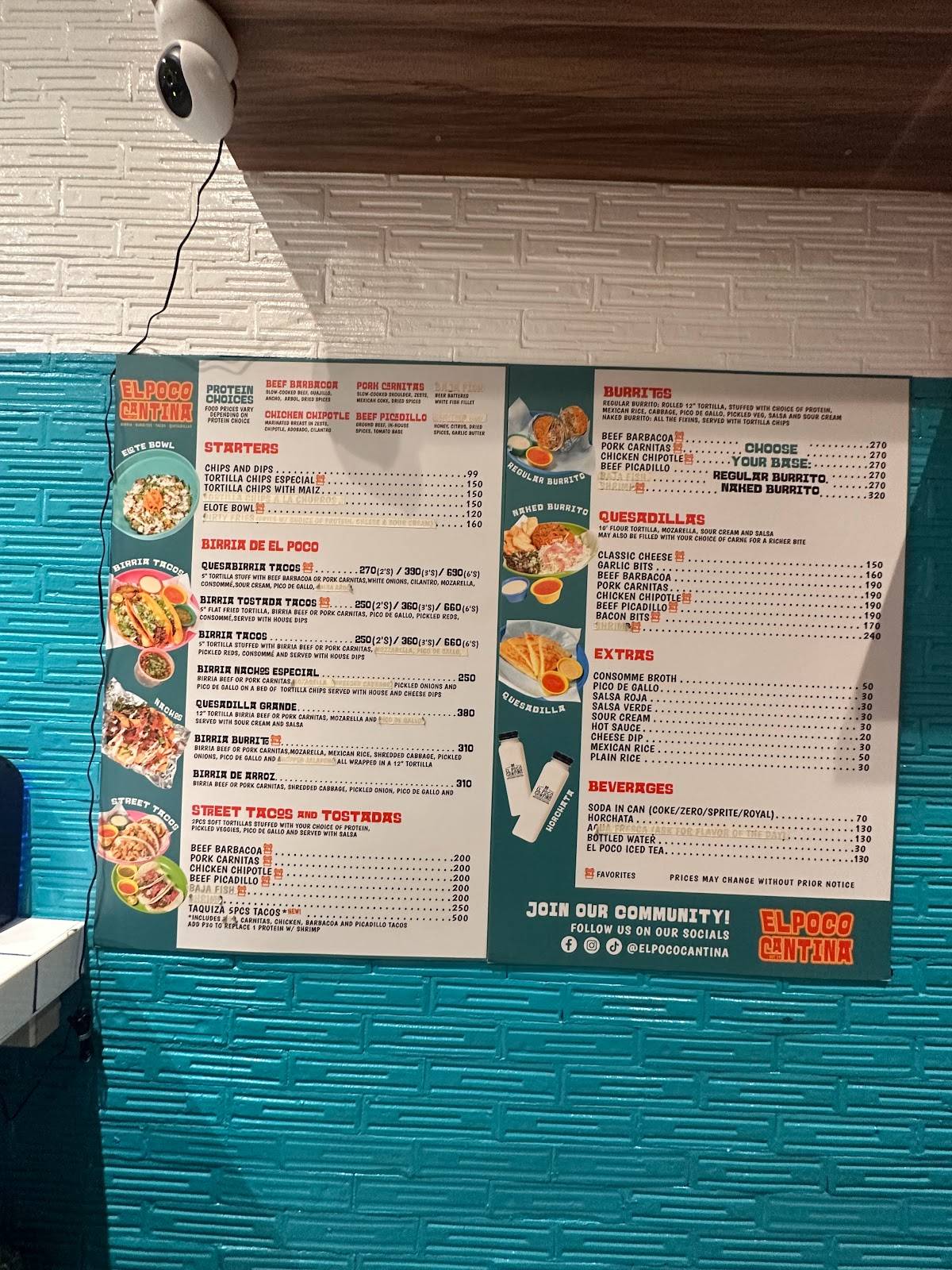 Menu at El Poco Cantina restaurant, Manila