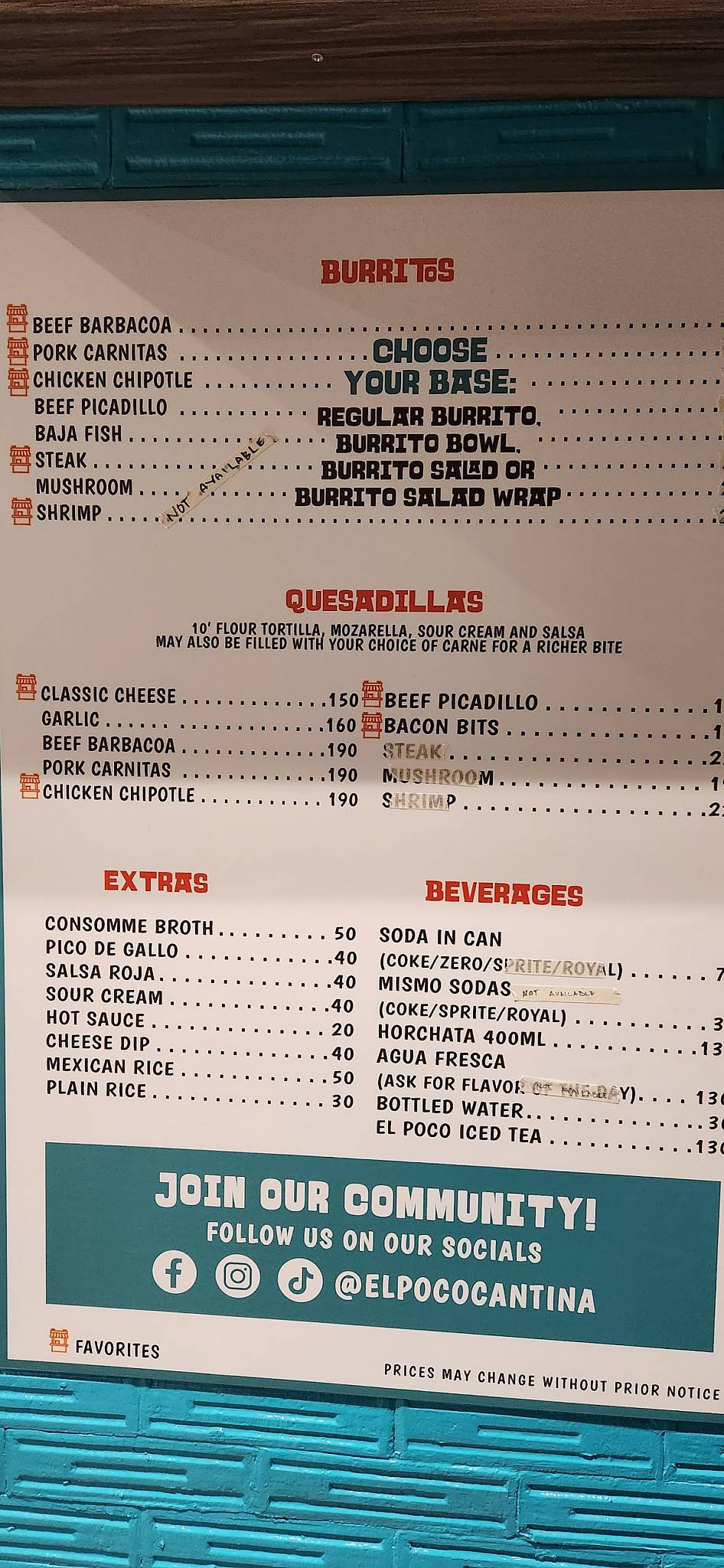 Menu at El Poco Cantina restaurant, Manila