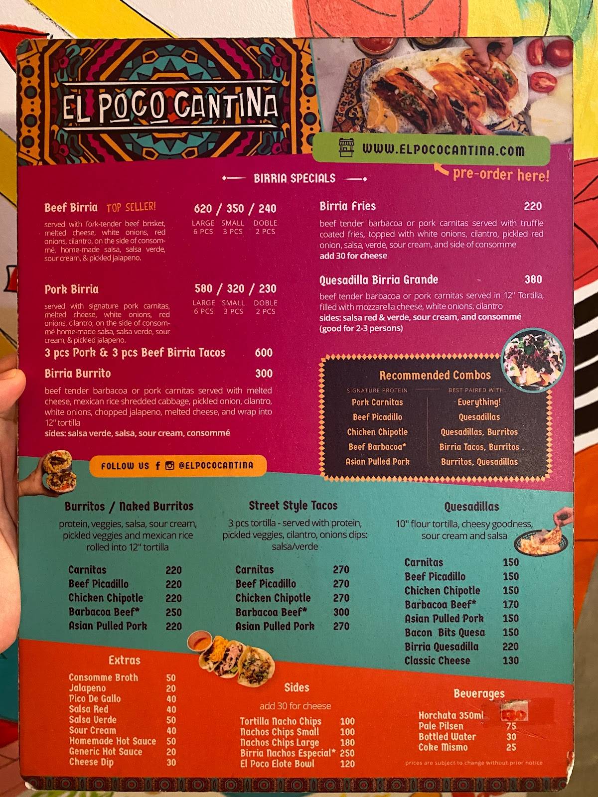 Menu at El Poco Cantina restaurant, Manila
