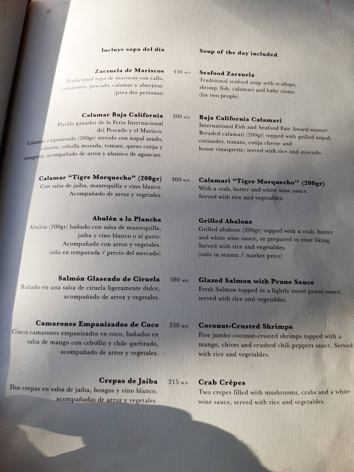 Carta de Restaurant El Rey Sol, Ensenada