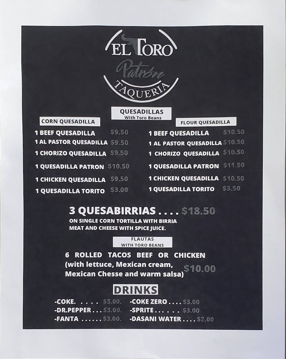 Menu at El Toro Patron Taqueria restaurant, Los Lunas