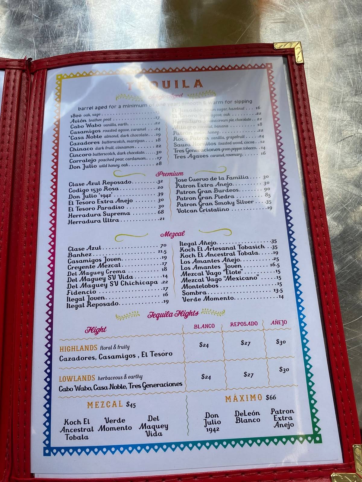 Menu at El Vez restaurant, Philadelphia
